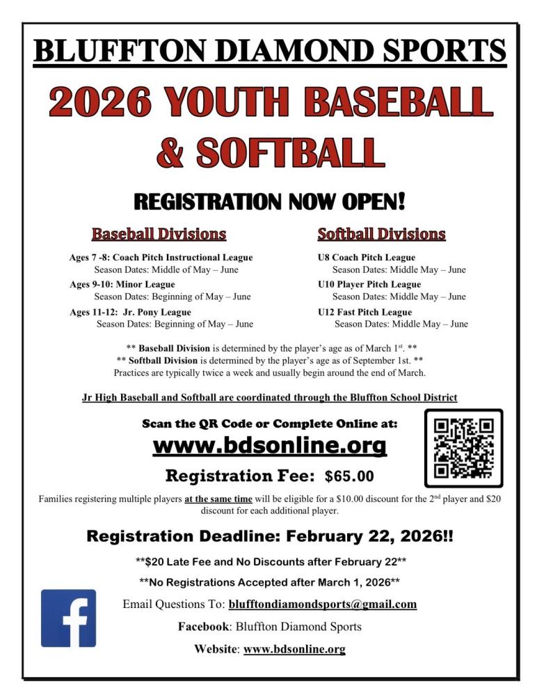 Bluffton Diamond Sports opens spring 2026 registration | Bluffton Icon